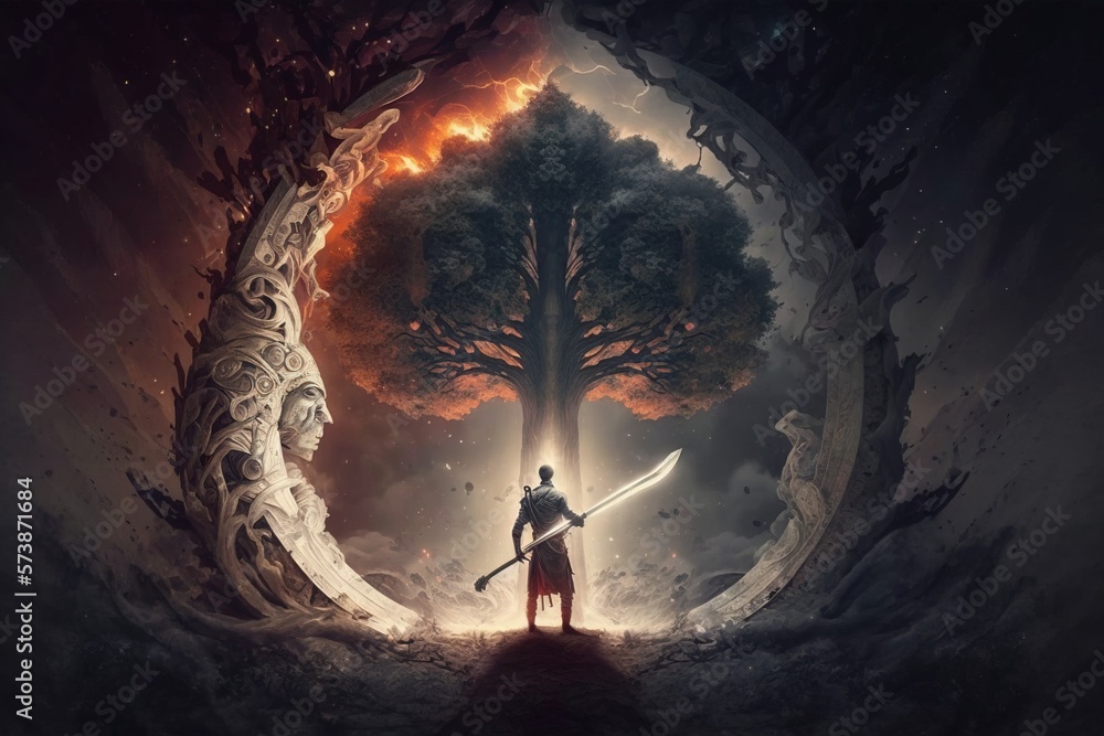 A man holding a sword standing in front of a tree with a sword in it ...