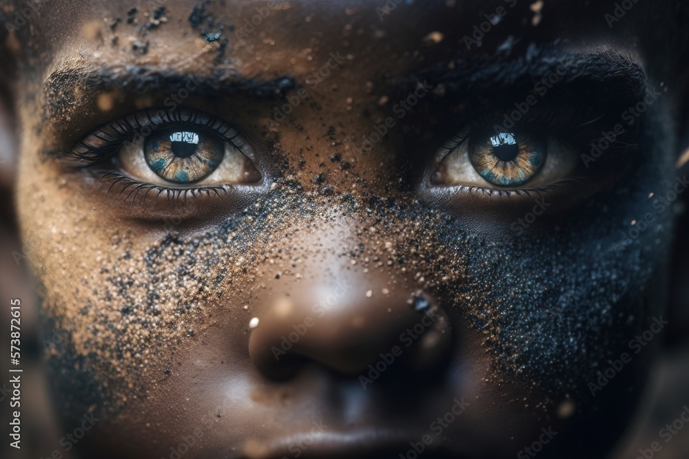 A young boy with black powder on his face and eyes with a black ...