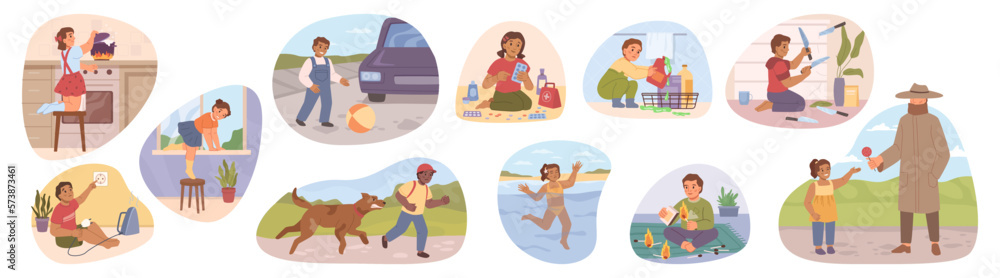 Vecteur Stock Risk and danger for children at home and outside ...