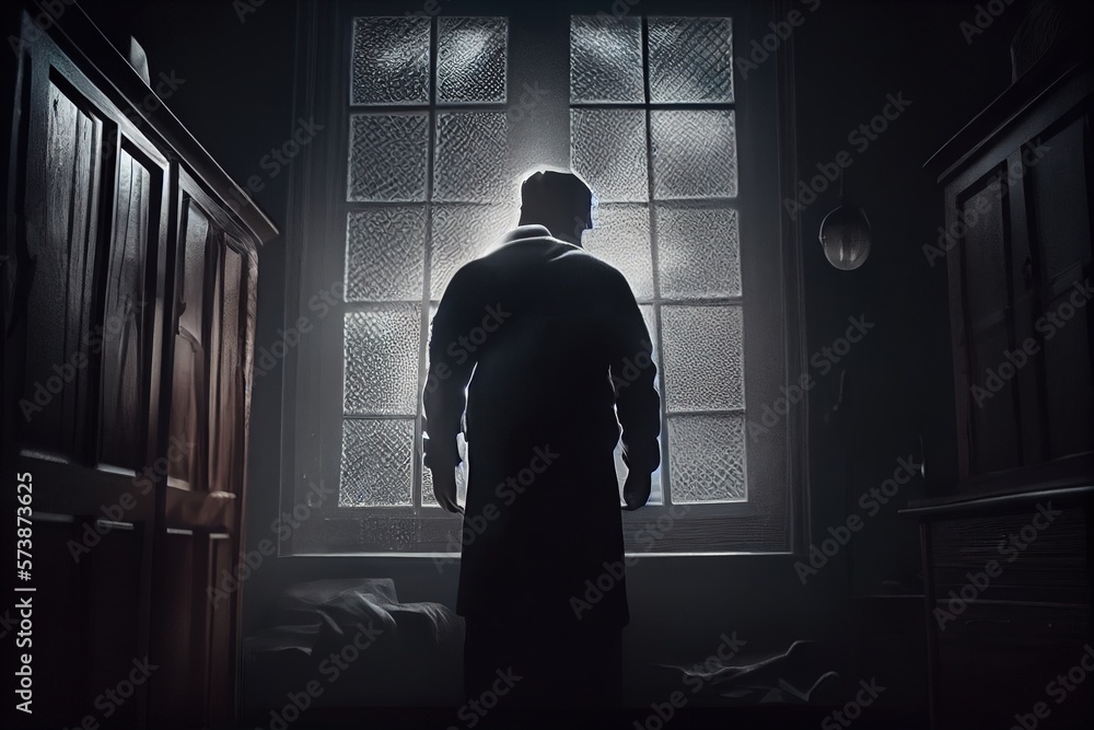 A man standing in front of a window in a dark room with a blanket on ...