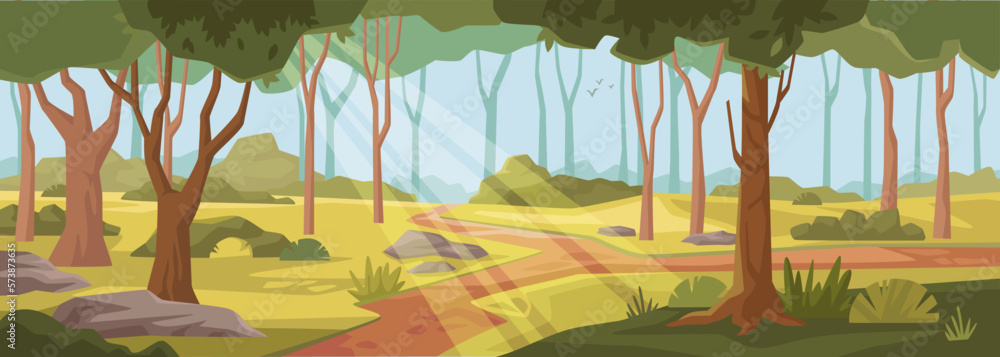 Landscape in forest with pathway and sunshine shining through thick ...