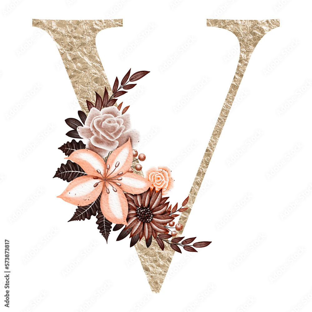 Floral alphabet, gold letter V with watercolor flowers and leaf Stock ...