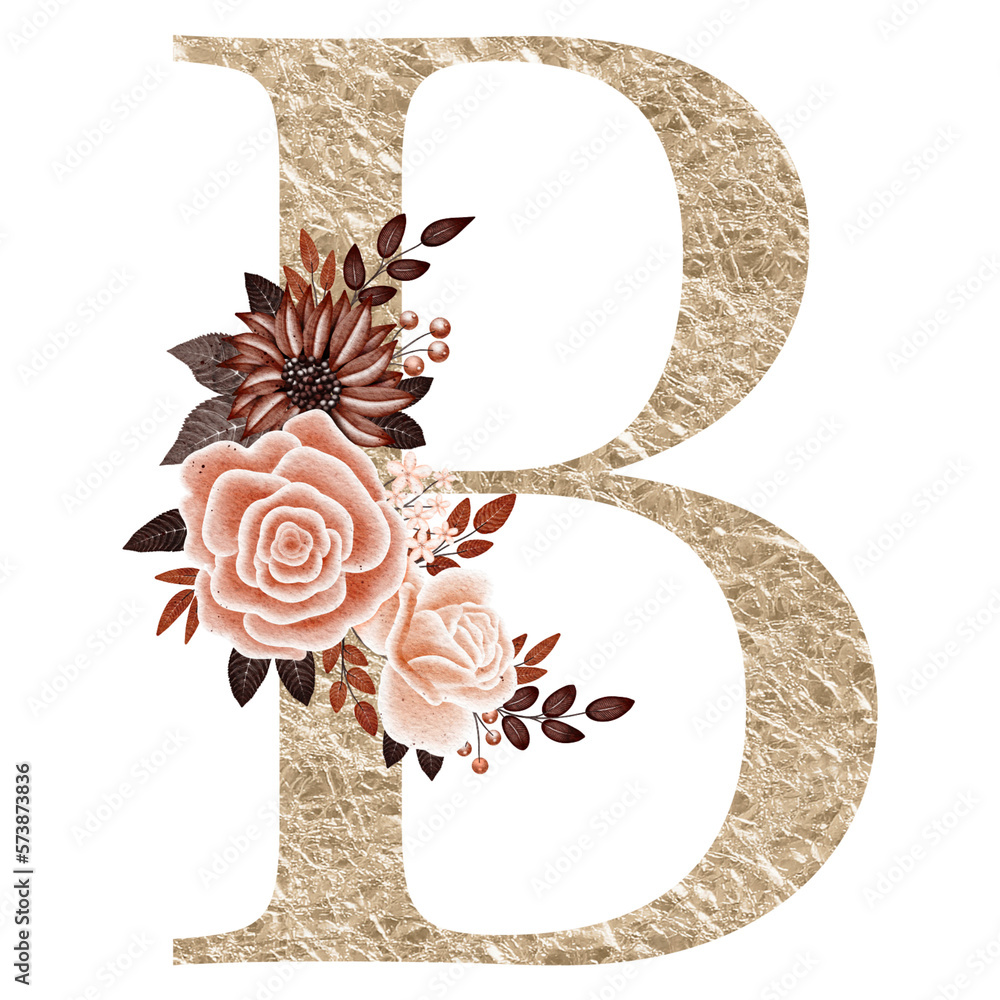 Floral alphabet, gold letter B with watercolor flowers and leaf Stock ...