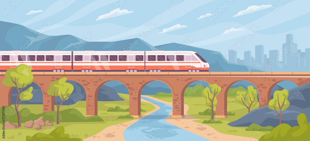 Traveling by train through nature landscape. Old brick bridge and river ...