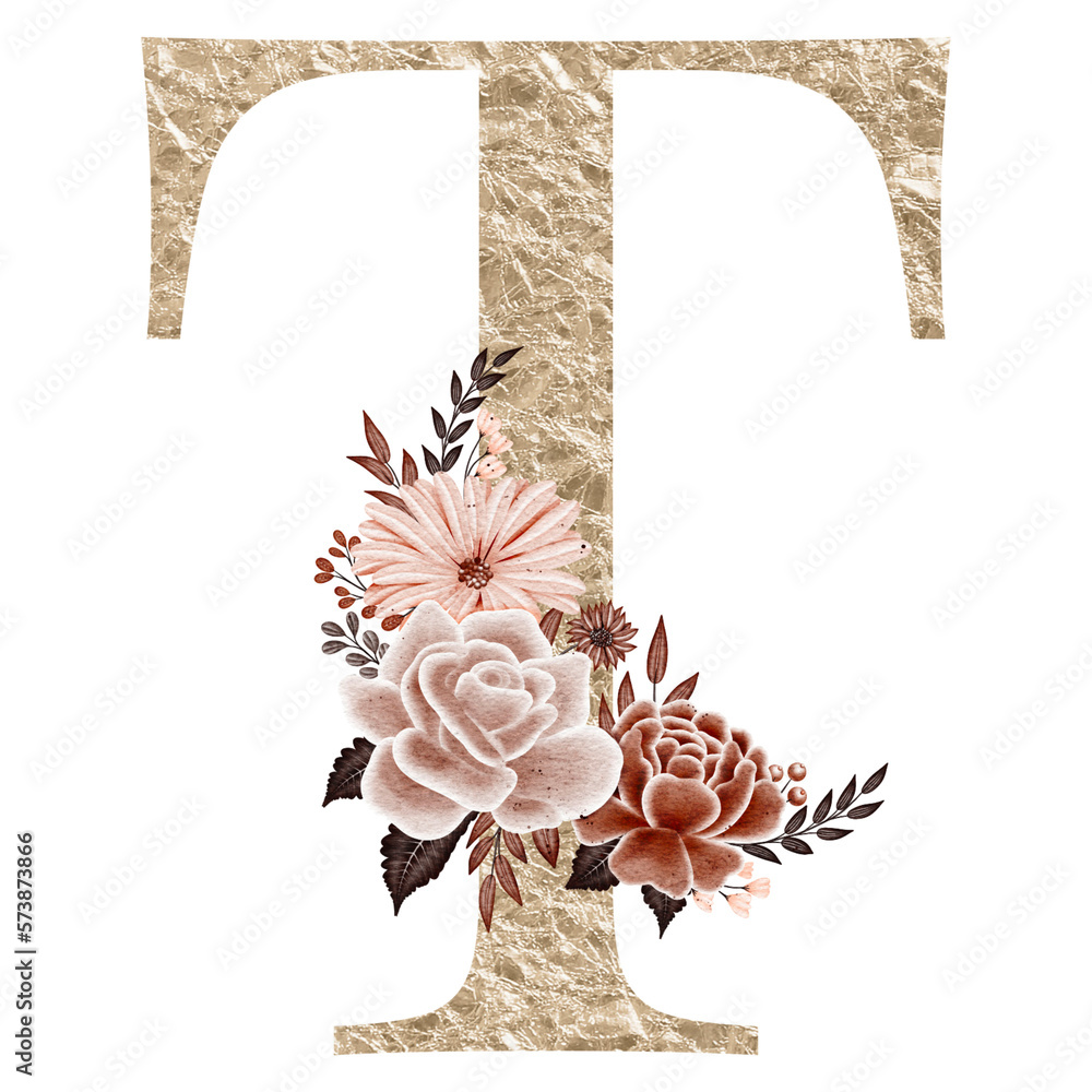 Floral alphabet, gold letter T with watercolor flowers and leaf Stock ...