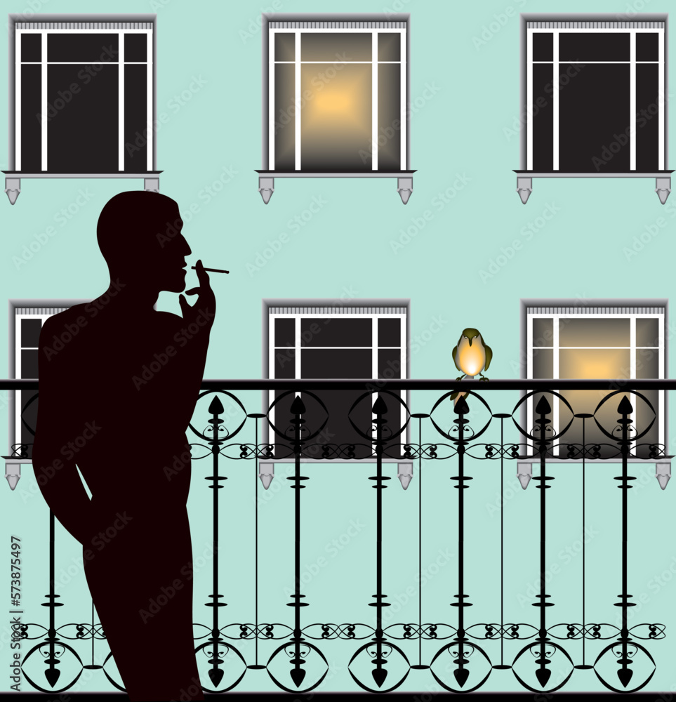 vector illustration of a man smoking on the balcony in front of the ...