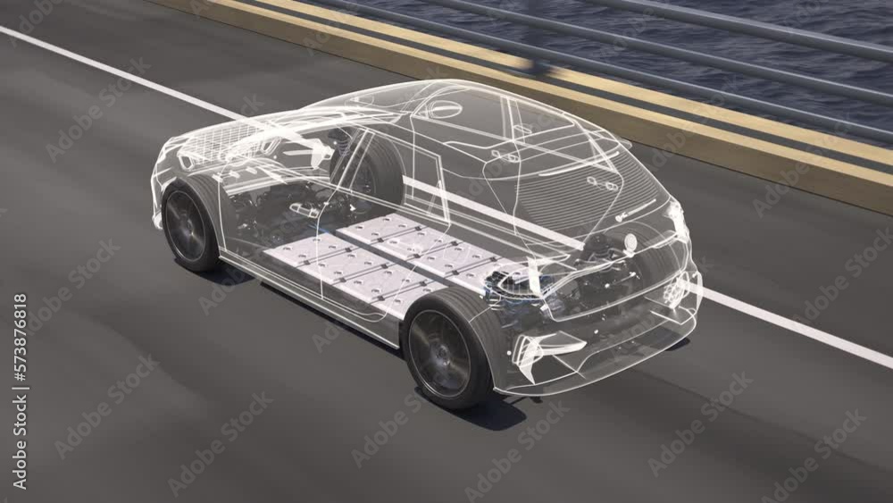 Animation of a generic electric car revealing the chassis with battery ...