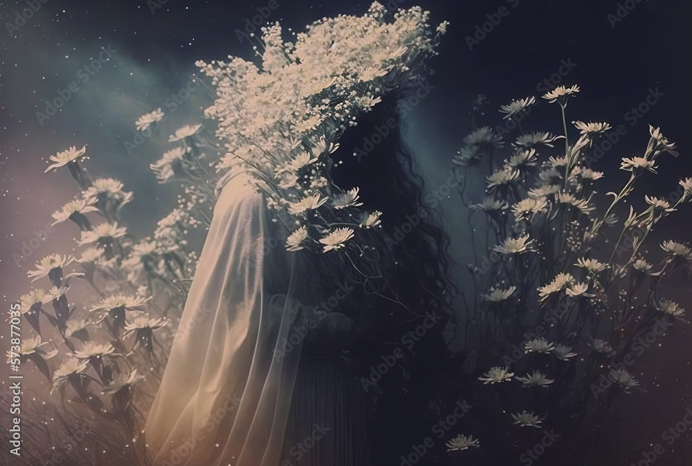 Wild flowers and ethereal spectral magic ghost, surreal minimalism ...