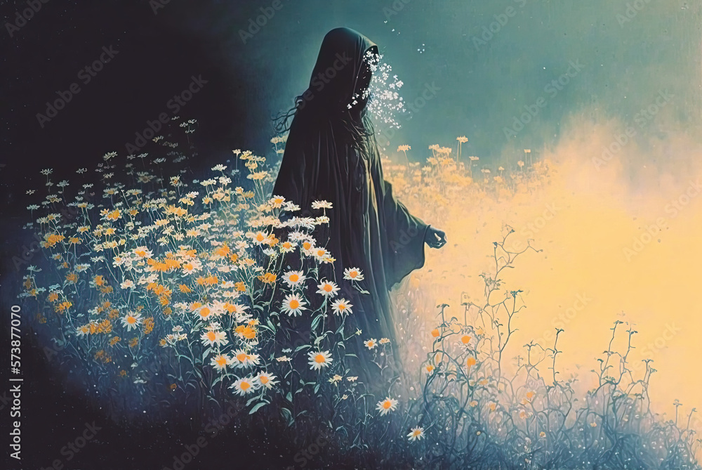 Wild flowers and ethereal spectral magic ghost, surreal minimalism ...