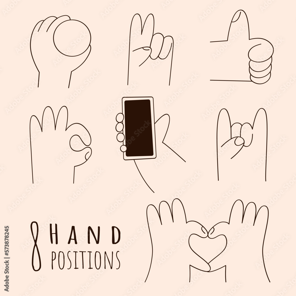 8 hand positions.Hand with phone,holds balloon,peace,horns,okey,heart ...