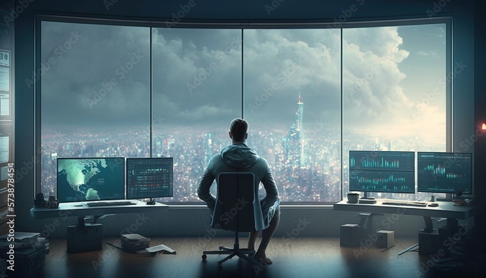 A man sitting in front of a window looking out at a city at night with ...