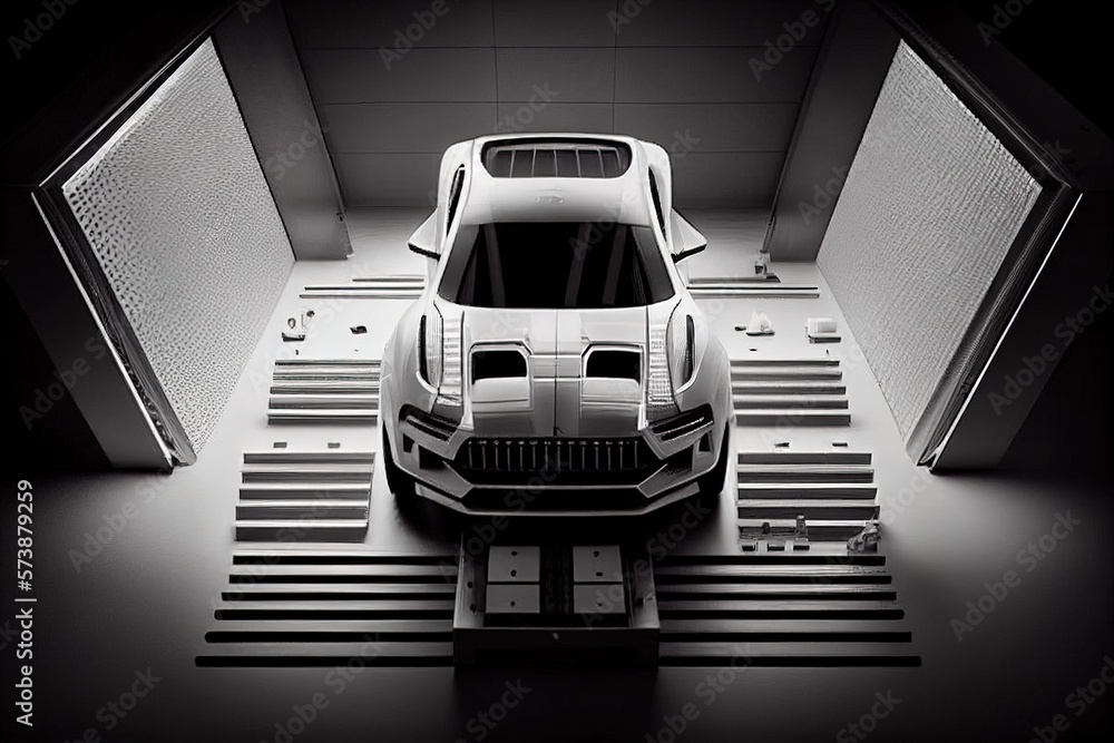 A white car is parked in a garage with a ramp and a door open to reveal ...