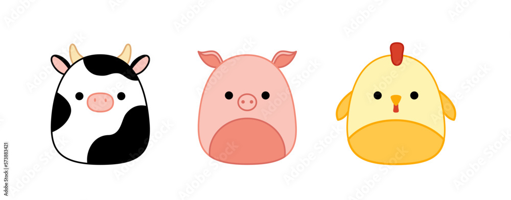Chick, pig, cow. Squishmallow. Cute soft plush toy. Pillow. Cartoon ...