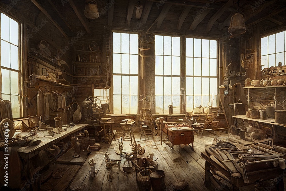 Painting of an old-fashioned leather goods workshop depicting a ...