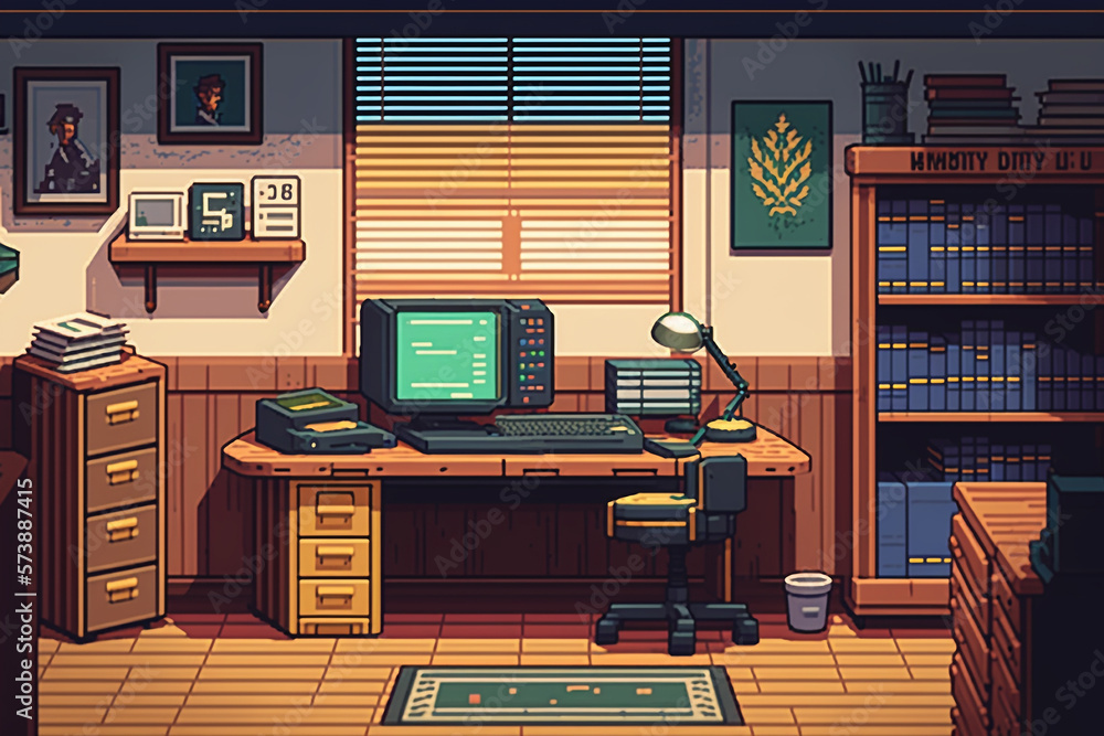 Pixel art game background with writing desk and book shelfs. Generative ...