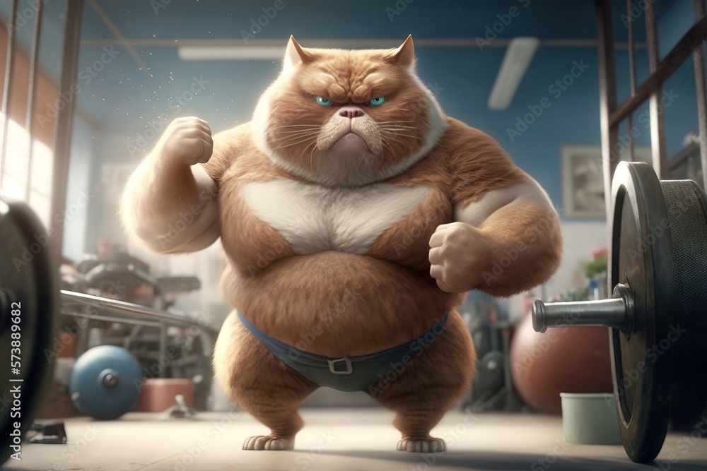 A fat cat is standing in a gym with a barbell in his hand and a weight ...
