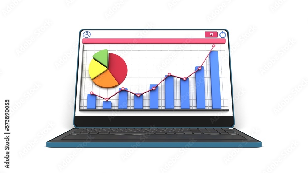 laptop display panel financial report graphs charts isolated. 3d ...