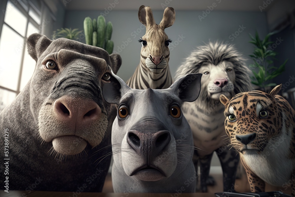 A group of animals standing next to each other on a table in a room ...