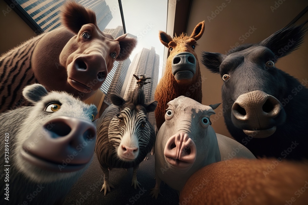 A group of animated animals standing next to each other on a floor in a ...