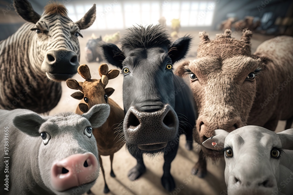 A group of cows standing next to each other on a floor in a barn with a ...