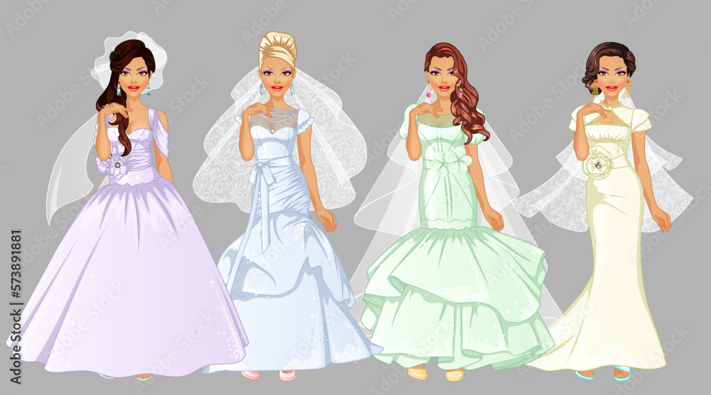 Set of Cute Bride Cartoon Characters Wearing Wedding Gowns and Veils ...