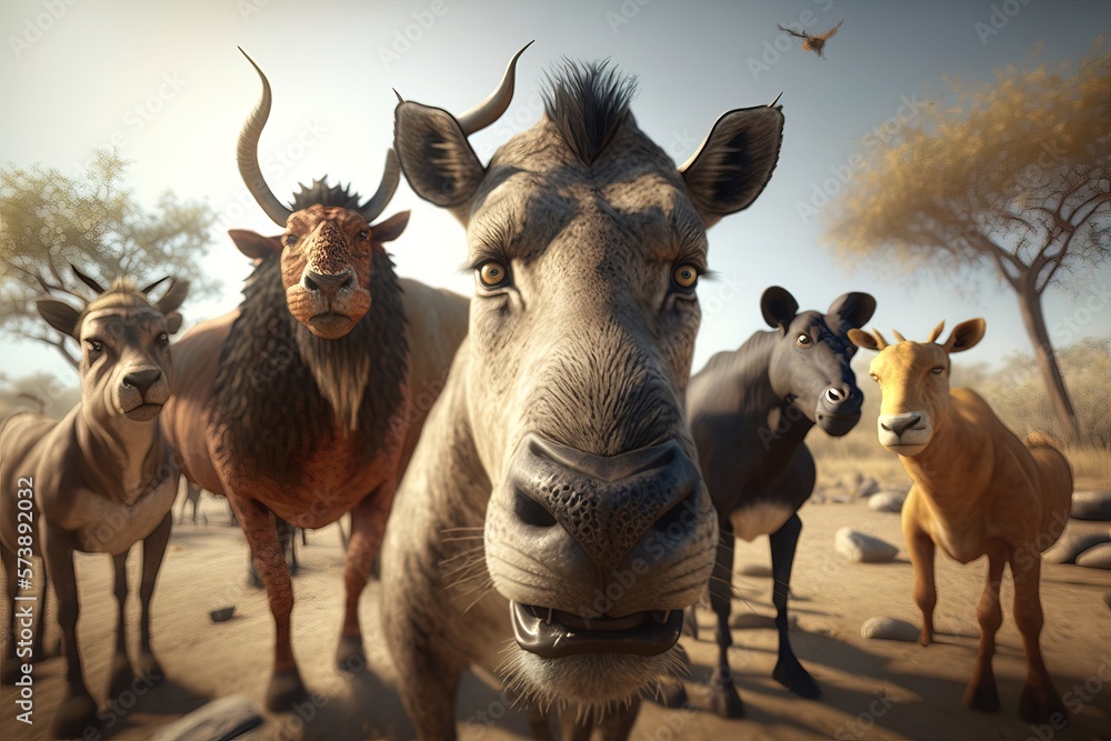 A group of cows standing next to each other on a dirt field with trees ...