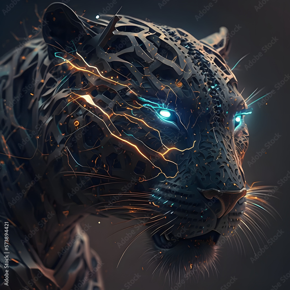 The head of the robot leopard in close-up. Yellow eyes. High-tech ...