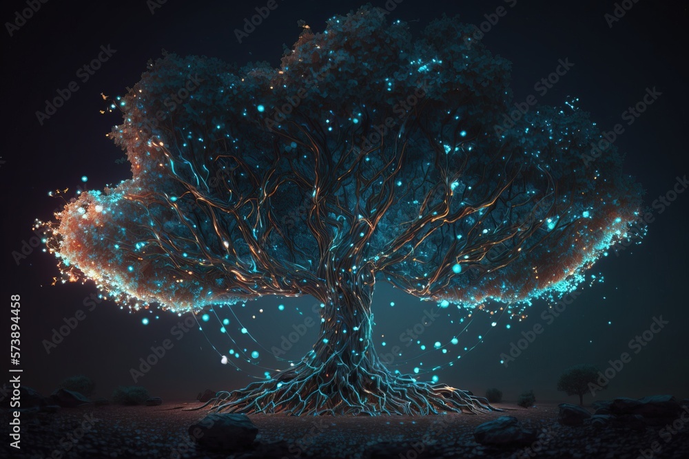 A tree with glowing lights in the branches and roots on a dark night ...