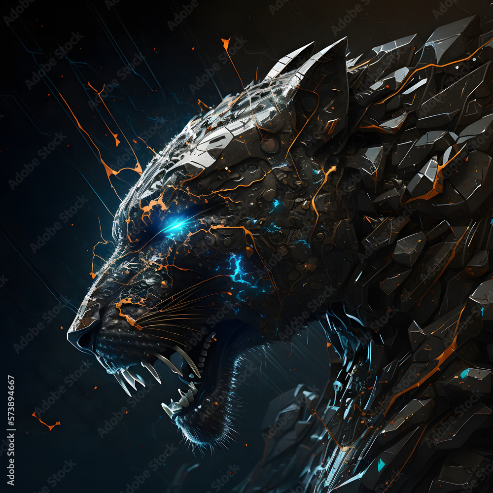 The head of the robot leopard in close-up. Yellow eyes. High-tech ...