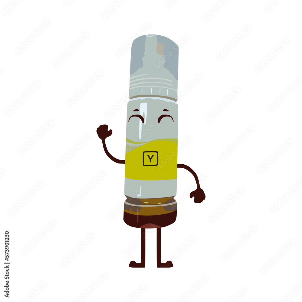 Cute yellow printer ink bottle character vector illustration, cmyk ink ...