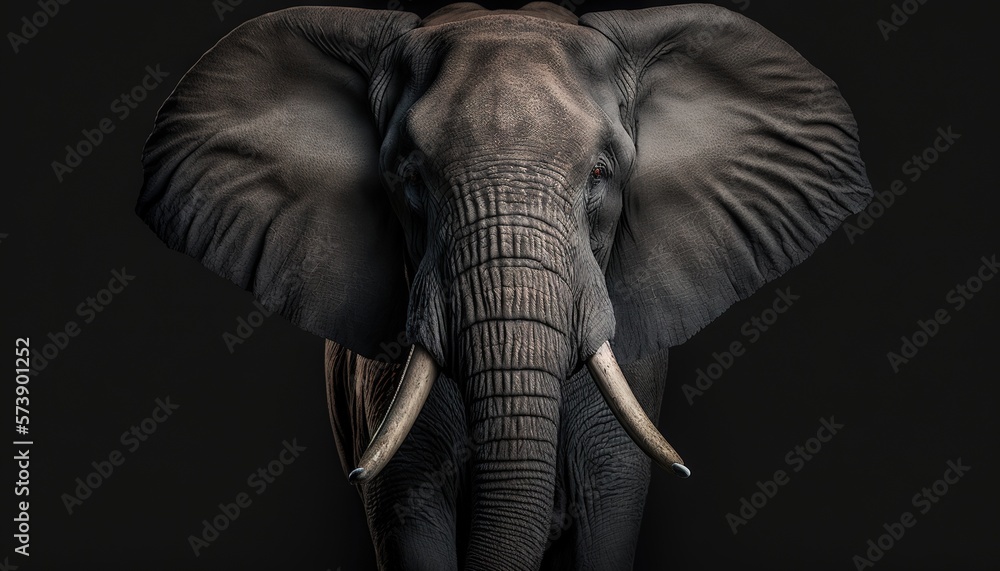an elephant with tusks standing in a dark room with its trunk curled up ...