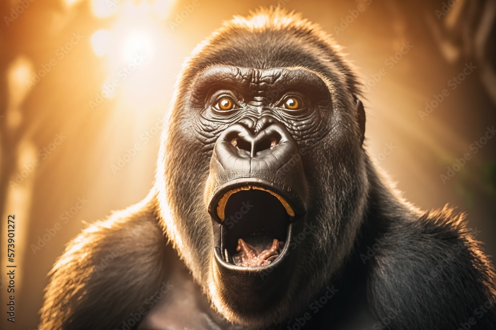 A gorilla with its mouth open and its mouth wide open with its mouth ...