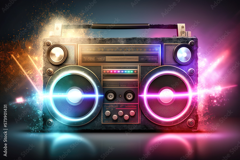Boombox with lights and colours. Party. 80s music player. Ghettoblaster ...