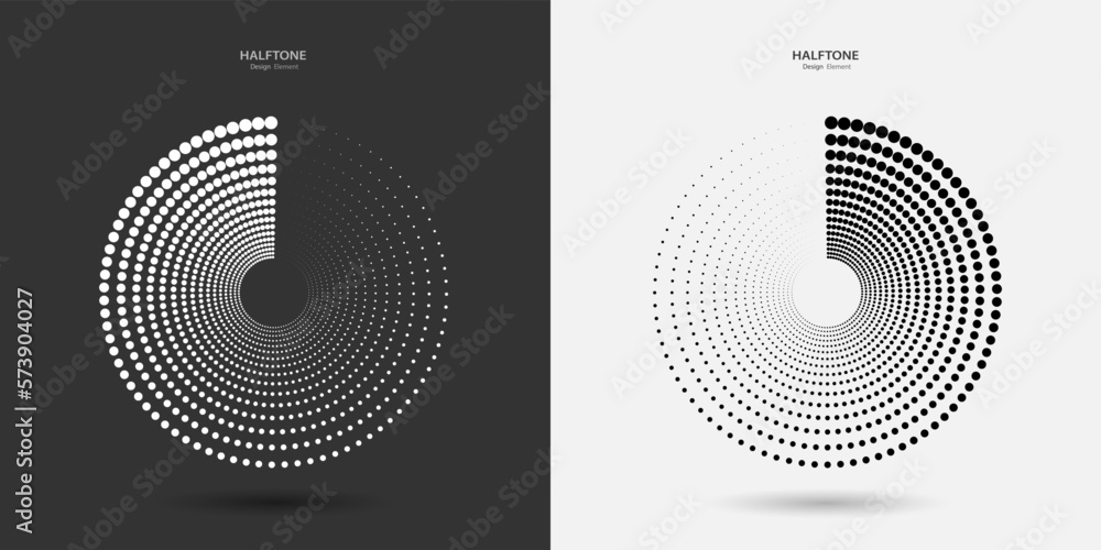 Circles of dotted halftones with a shadow on a black white background ...