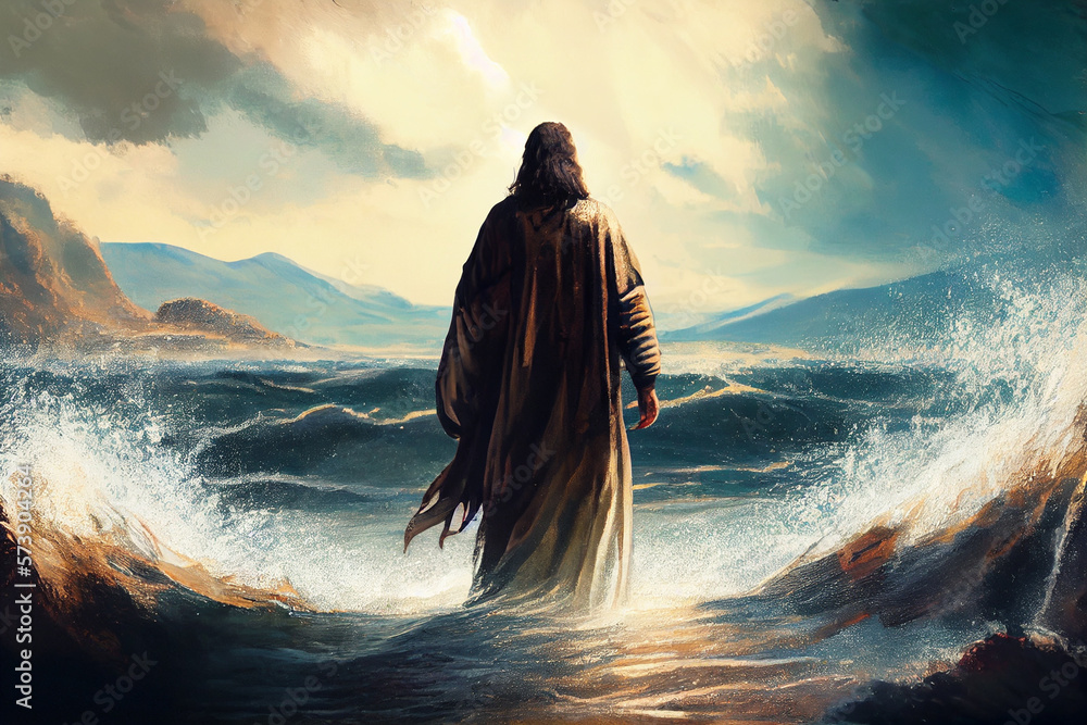 Jesus Christ walking on water on the sea of Galilee. Generative Ai ...