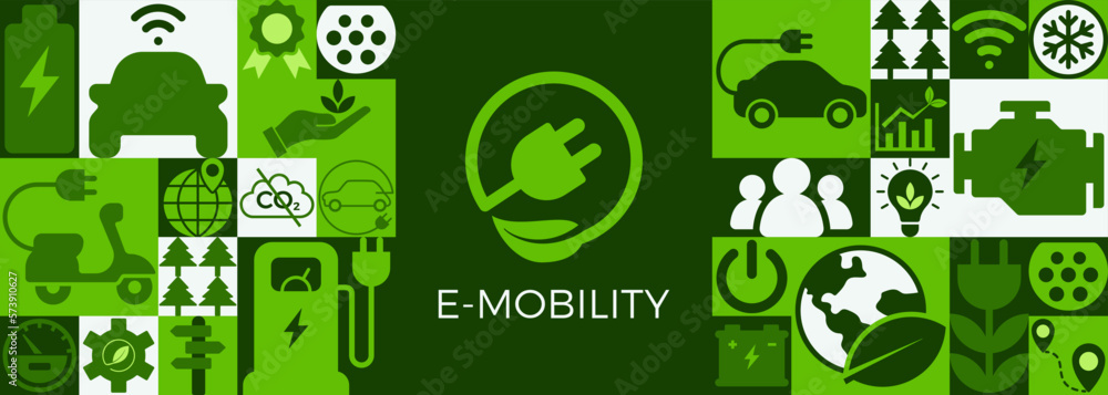 E mobility or electromobility vector illustration. Concept with symbols ...