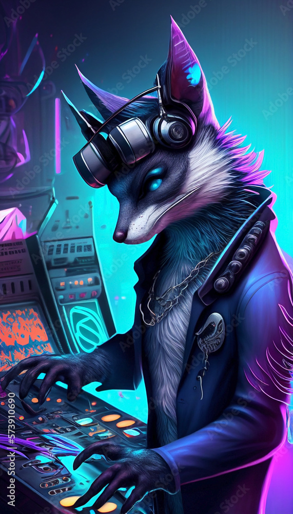 Fox DJ with headphones. Anthropomorphic animal having fun at the trendy ...