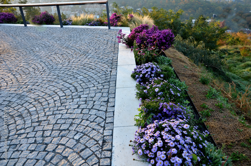 Stockfoto autumn flowerbed with perennials and grasses in a square with black stone cobblestone ...