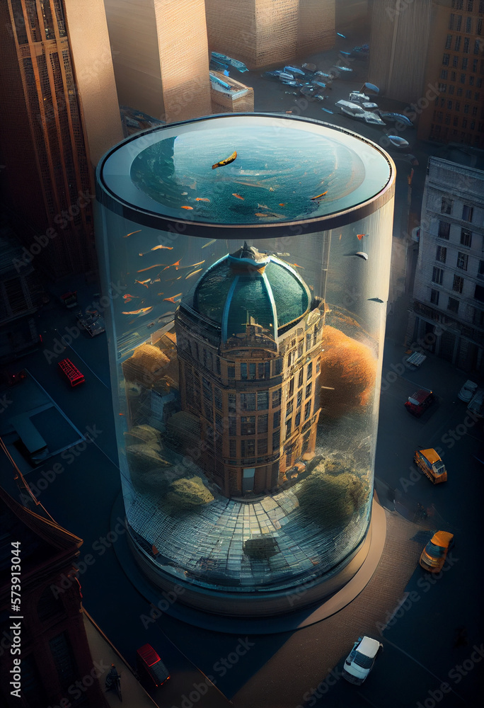 Aerial view of a giant fish tank shaped like a tower. Created with ...