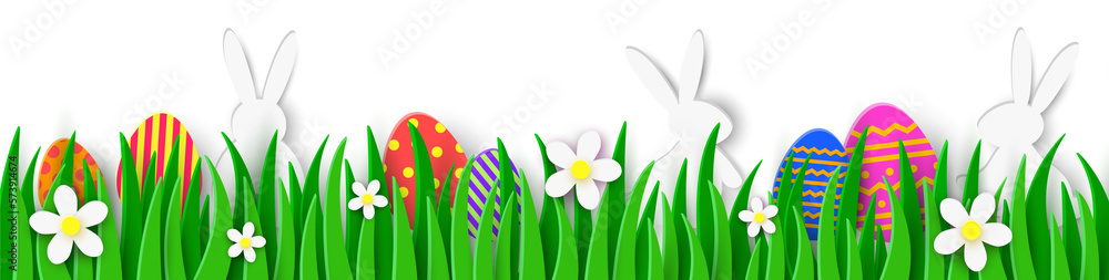 Transparent Easter banner with bunnies and painted eggs hidden in ...