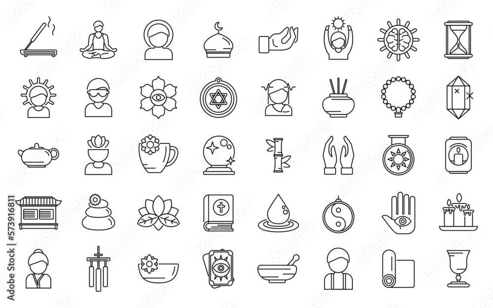 Spiritual practices icons set outline vector. Calm retreat. Aroma ...