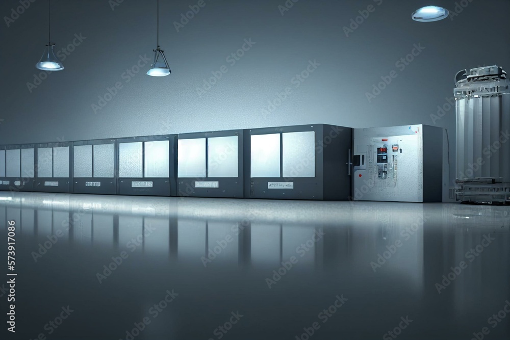 Production of lithium ion batteries. Battery factory. 3D illustration ...