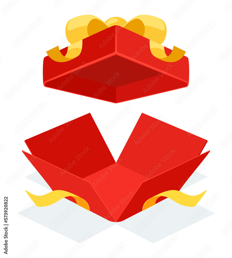 Open a mystery Red gift box with a yellow ribbon on white background ...