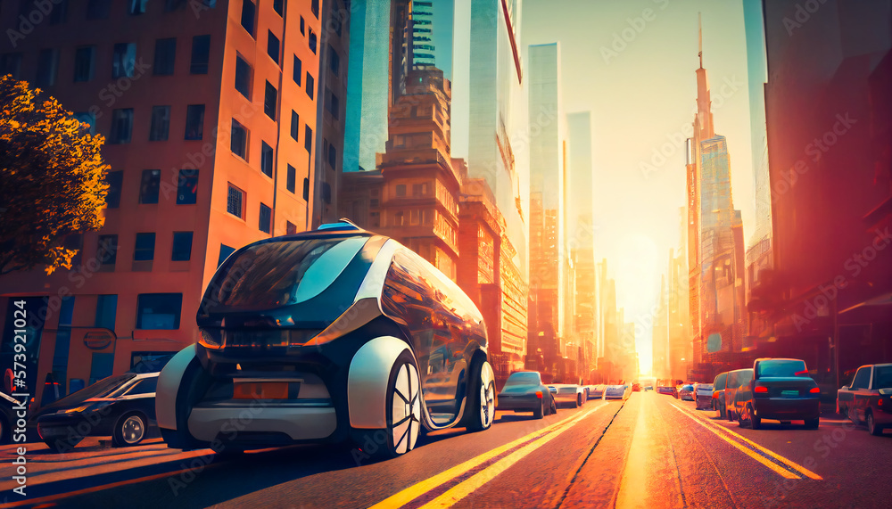 Driverless car navigating through a city street, illustrating the ...