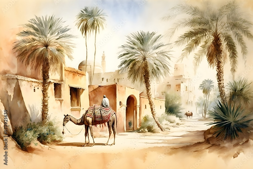 Watercolor painting, a landscape of the Arabian Peninsula in the past ...