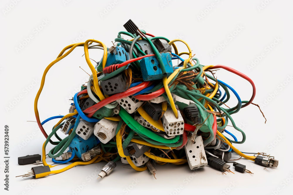Cables enrollados, residuos de cables, plástico y enchufes, basura ...