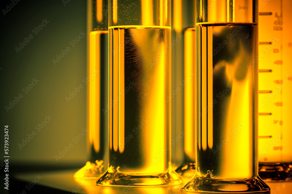 Tubo de cristal, probeta con aceite, extracción química, derivado de ...