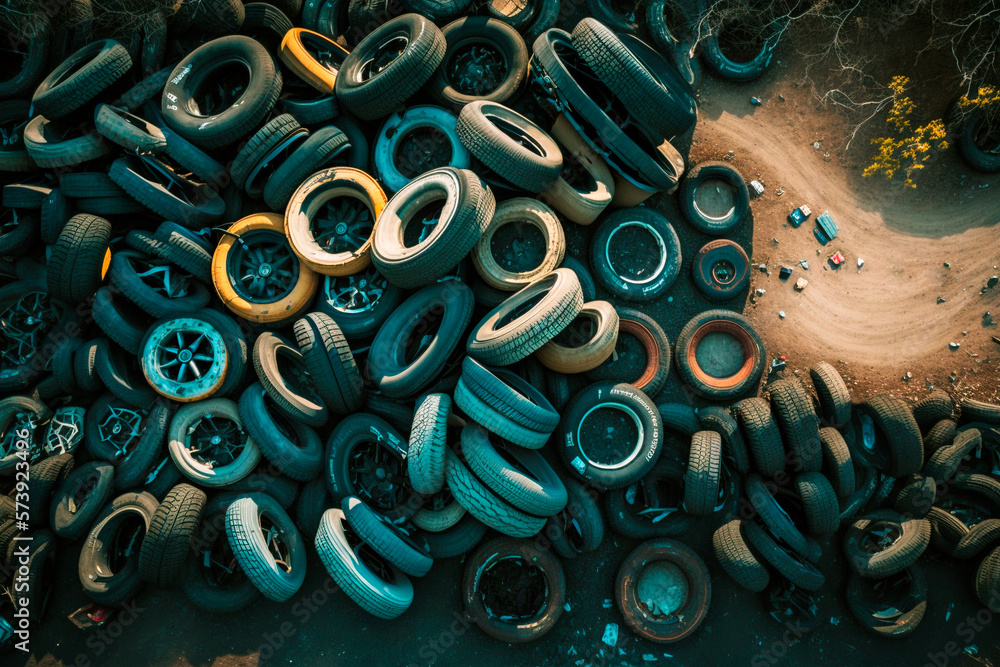 Vista aérea de neumáticos viejos, ruedas viejas en vertedero, basura ...