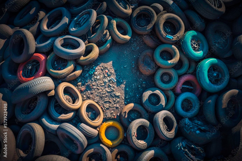 Vista aérea de neumáticos viejos, ruedas viejas en vertedero, basura ...