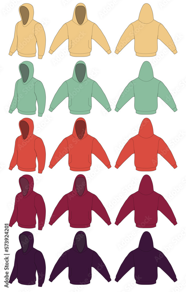 Set of colorful Hoodies templates (front-face, back and side-full face ...
